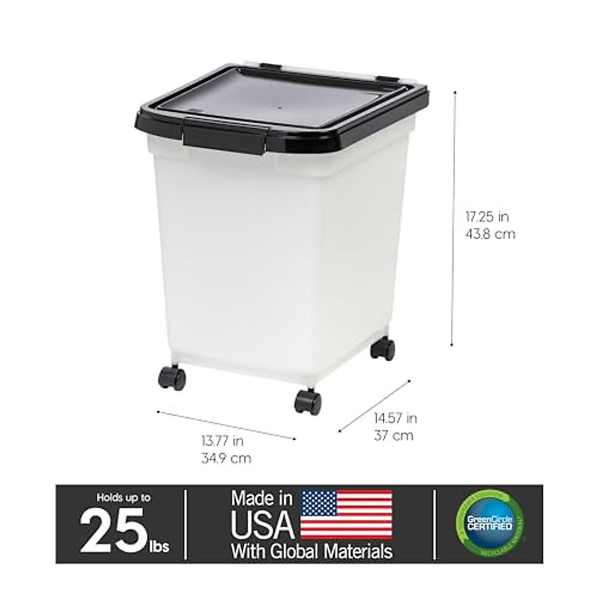 IRIS USA WeatherPro Airtight Dog Food Storage Container, Up to 25 lbs, Removable Wheels, for Dog Cat Bird and Other Pet Food Storage Bin, Keep Fresh, Translucent Body, Pearl/Black