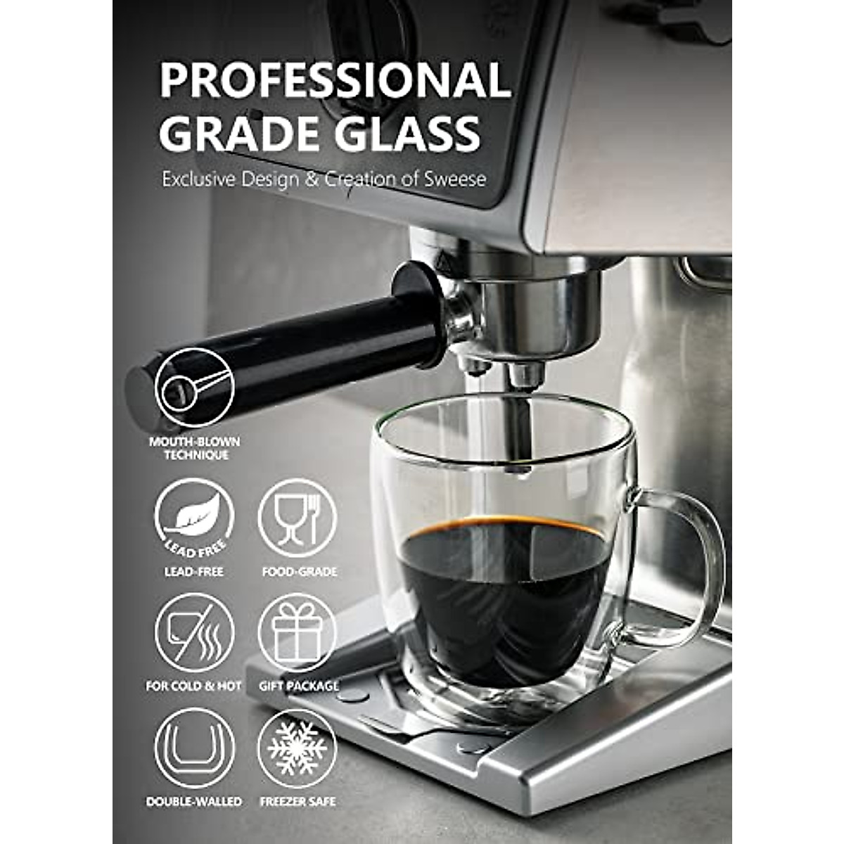 Sweese Double Wall Glass Coffee Mugs - 12.5 oz Insulated Clear Coffee Mugs Set of 2, Perfect for Espresso, Cappuccino, Latte, Americano, Tea Bag, Beverage (413.101)