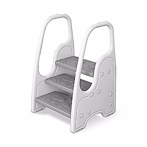 Toddler 3 Step Stool Standing Tower for Kids Plastic Learning Helper Stool for Kitchen Counter Book Shelf Bathroom Sink Toilet Potty Training with Handles(Gray)