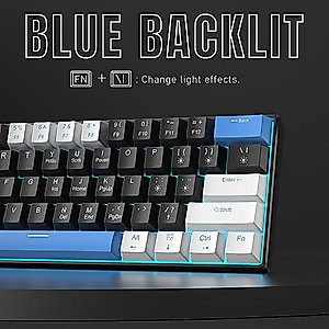 60% Mechanical Gaming Keyboard,White Black Blue Keycaps Gaming Keyboard with Linear Red Switch, Detachable Type-C Cable Mini Keyboard with Blue LED Light for Windows/Mac/PC/Laptop