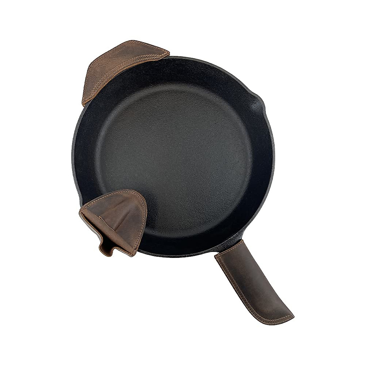 Hide & Drink, Rustic Leather Hot Handle Holders (Set of 3) Panhandle, Side Kick, Assist Grip for Cast Iron Skillets & Pans, Double Layered, Handmade Includes 101 Year Warranty :: Bourbon Brown