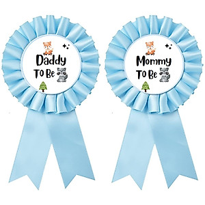 HAPPYLAND Baby Boy Shower Decorations Blue Baby Fox and Raccoon Set Tinplates Badge Mommy to Be and Daddy to Be Baby Shower