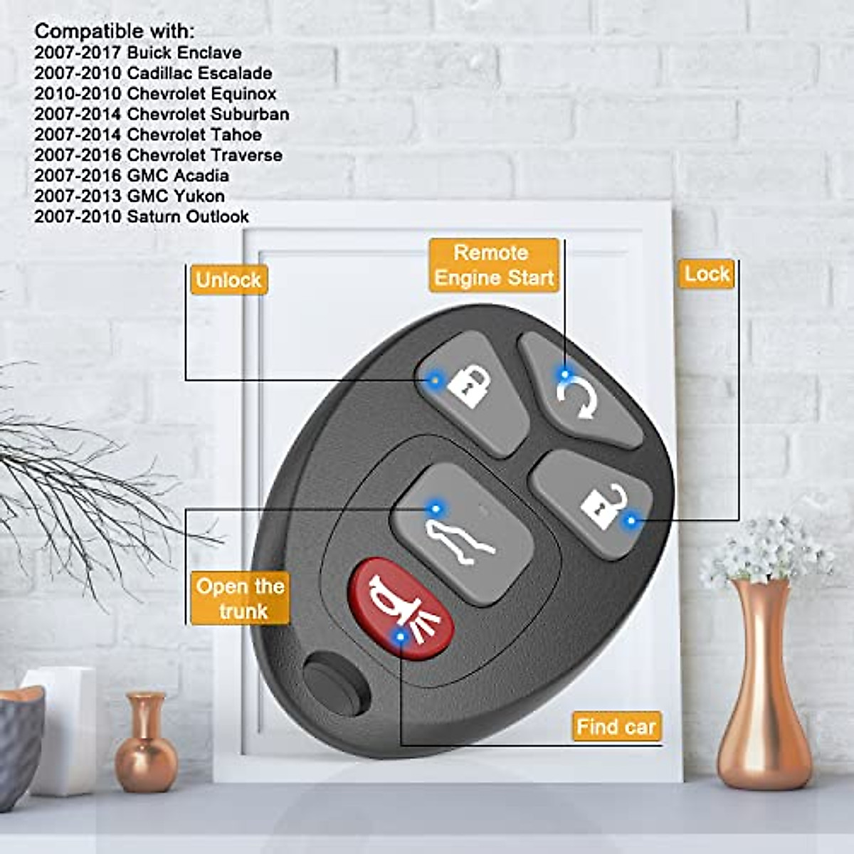 Remote Key Fob Replacement Fits for Chevy Traverse 2007-2016 Tahoe Suburban GMC Acadia Yukon XL Buick Enclave Cadillac Escalade Saturn Outlook FCCID: OUC60270 OUC60221 15913415