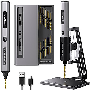 ARROWMAX Mini Electric Drill 15 in 1 with Benchtop Press, OLED Display, LED Lights, Gyroscopic, Cordless, 10 HSS Drill Bits, 3/32-Inch, Keyless Chuck, 5 Variable Modes (SDS PRO PLUS)