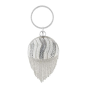 UMREN Women Pearl Round Ball Dazling Crystal Evening Clutch Purse Rhinestones Tassel Wedding Party Handbags Silver 5
