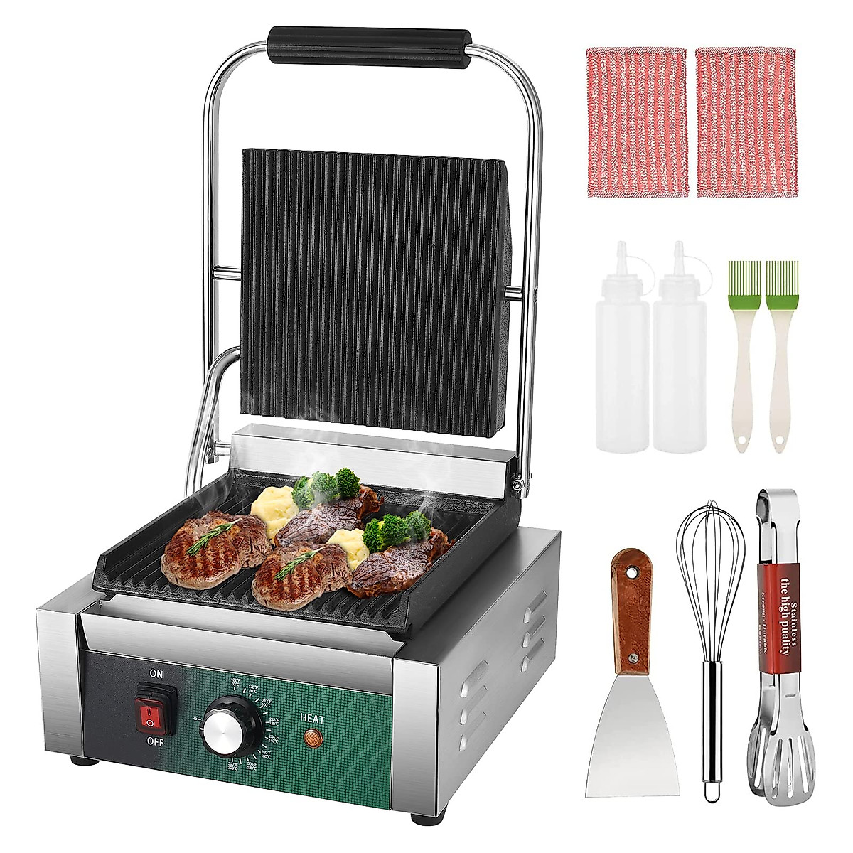 Commercial Panini Press Sandwich Maker, LIVOSA 2200W Non-Stick Panini Grill Machine Panini Maker with Temperature Control and Grooved Plates for Hamburgers Steaks