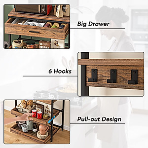 Tribesigns Kitchen Bakers Rack with Power Outlets, 5-Tier Microwave Oven Stand with Drawer and Sliding Shelves, Freestanding Coffee Bar, Kitchen Storage Shelf with 6 Hooks, Rustic Brown