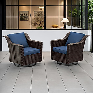Gardenbee Patio Chairs Set of 2, with 4" Premium Cushions, Glide and 360 Degree Swivel, Brown Rattan Wicker Chairs Outdoors, Indoors, Navy