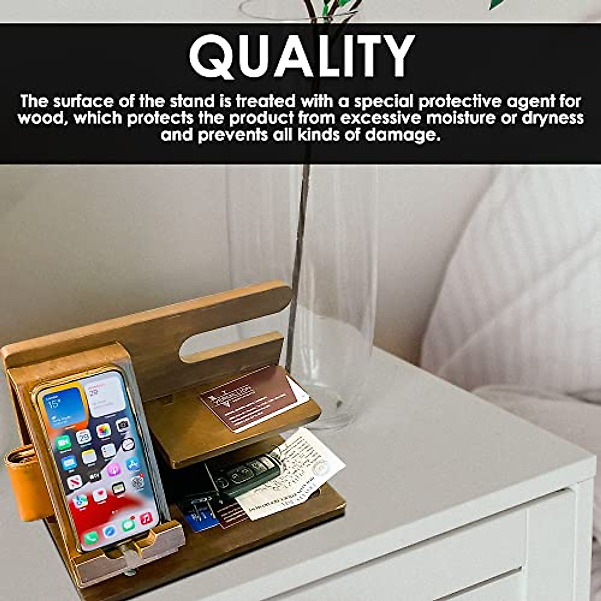 GOODTILA Nightstand Wooden Docking, Ash Wood Tray, Bedside Nightstand Organizer, Hand Crafted Wood Phone Docking, Valet Tray for Men, Husband Gift Idea