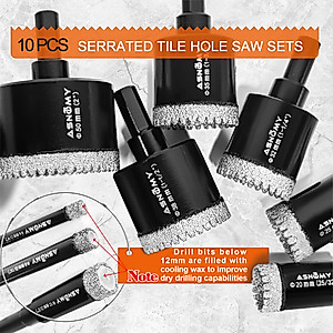 ASNOMY 10PCS Diamond Hole Saw Set, 1/4"-2"Inch Serrated Brazing Tile Hole Saw Diamond Core Drill Bits Set with EVA Mold Hole Saw Guide Jig for Porcelain Tile Glass Ceramic Stone Granite Marble