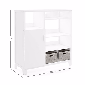Martha Stewart Kids' Media System - Creamy White: 43 Inch Wooden Cubby Storage Organizer Bookcase with Fabric Bins for Bedroom and Playroom