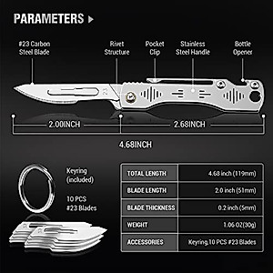 ITOKEY Pocket Knife for Men, Scalpel Knife with Clip, EDC Utility knife, Slim Razor Knife with 10pcs #23 Replaceable Blades, Bottle Opener, Surgical Keychain Knives for Outdoor Skinning (#23 sliver)