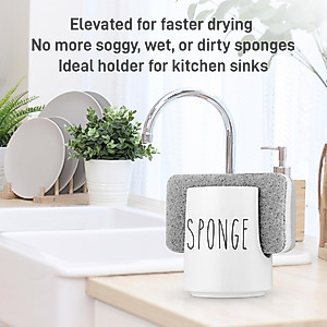 Sponge Holder - Dish Sponge Holder for Kitchen Sink with Sponge - Ceramic Kitchen Sponge Holder for Sink - Porcelain Kitchen Sink Sponge Caddy - Farmhouse Kitchen Sink Organizer for Sink Accessories