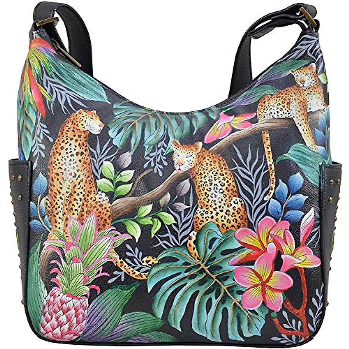 Anuschka Women's Hand-Painted Genuine Leather Classic Hobo With Studded Side Pockets - Jungle Queen
