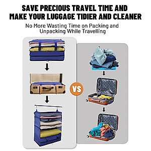 Caroeas Portable Hanging Travel Shelves Bag Suitcase Organizer Carry-on Closet Packing Cubes for Travel, 4-Shelf Suitcase Closet with 2 Hooks, X-Large Capacity, Blue