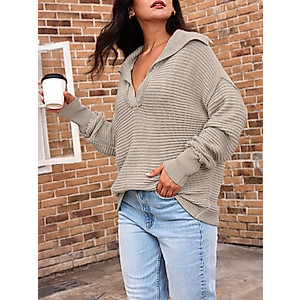 EFAN Women's Oversized V Neck Sweaters 2023 Long Sleeve Collared Tunic Batwing Knitted Pullover Sweater Apricot