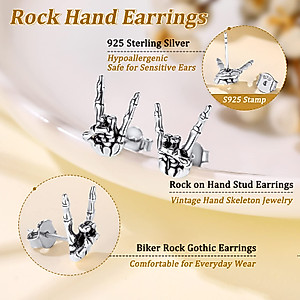 Suplight 925 Sterling Silver Rock Hand Earrings Vintage Punk Rock Earrings for Men Women