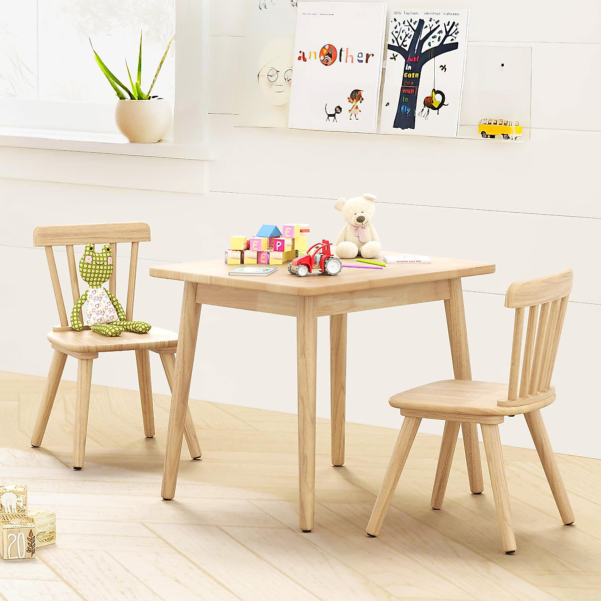 Curipeer Windsor Kids Table and 2 Chair Set, Rubberwood Toddler Table and Chair Set for Art, Play, Craft, Activity, Children Table with Non-Slip Legs/Round Edge Design, Natural Wood