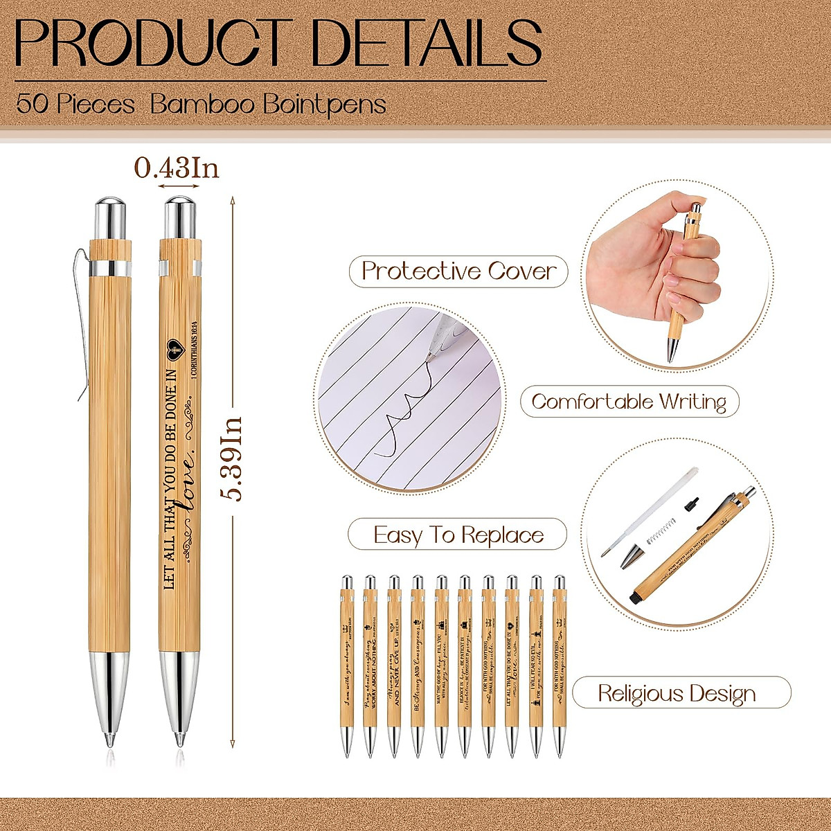 Ctosree 50 Set Bible Verse Pens Bamboo Christian Pen with Inspirational Cards Wooden Retractable Bible Ballpoint Pen Motivational Pen Bulk for Women Men Office School Supplies Journal Writing Gifts