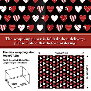 Whaline 12 Sheet Valentine's Day Wrapping Paper Heart Love Plaid Gift Wrap Paper Bulk Folded Flat Black Red Craft Paper for DIY Crafts Wedding Anniversary Party Gift Packing Supplies, 19.7 x 27.6 Inch