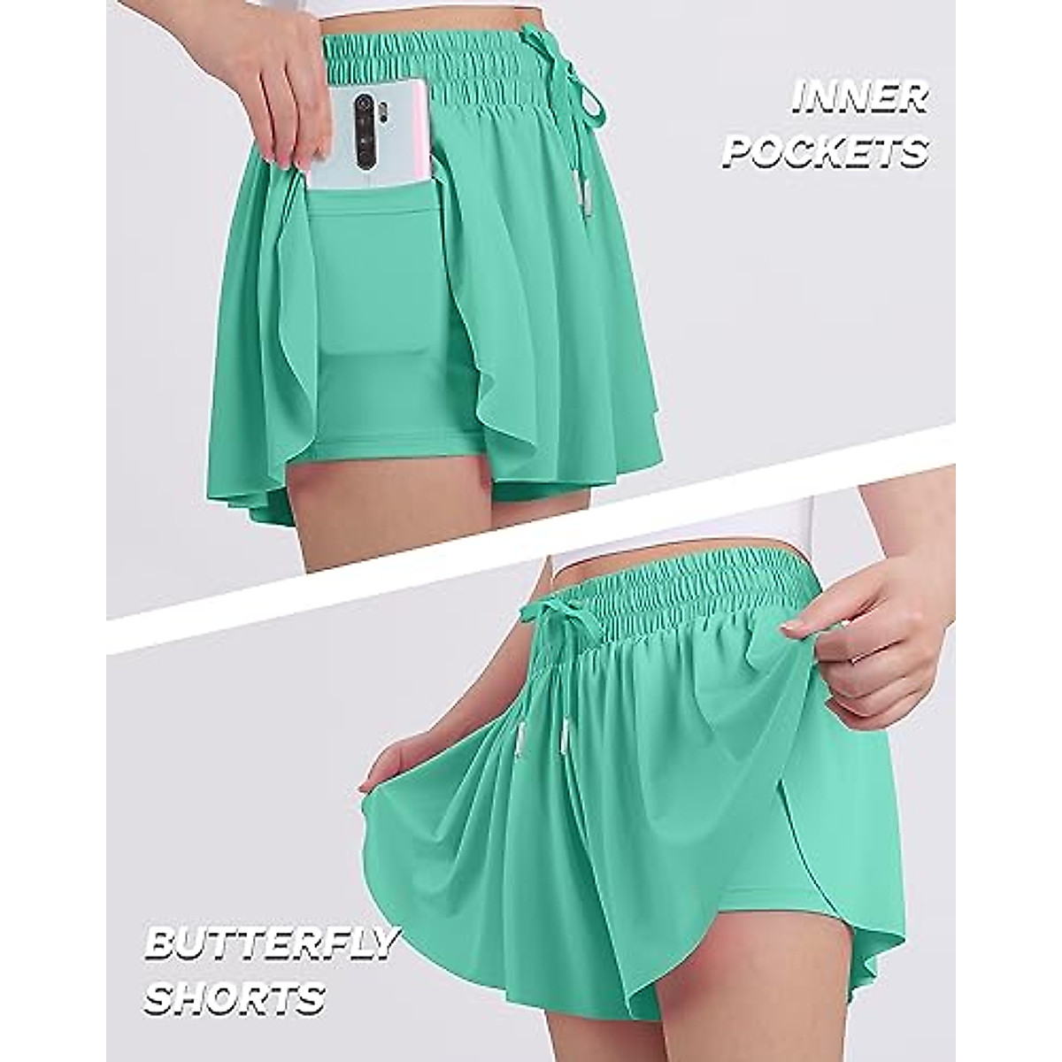 JOCMIC Girls Flowy Shorts, 2 in 1 Youth Butterfly Shorts with Spandex Liner for Fitness Running Athletic Tennis 8 Years Deep Green
