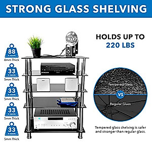 Mount-It! Tempered Glass AV Component Media Stand, Audio Tower and Media Center with 5 Shelves, 220 Lbs Total Capacity, Black Shelves Chrome Legs (MI-8671)