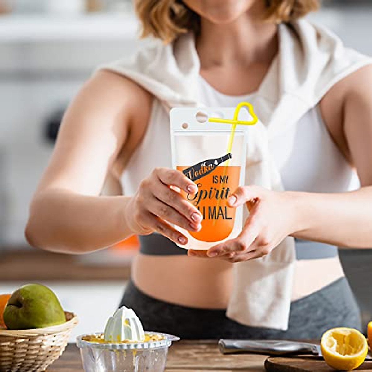 48pc Drink Pouches with Straws, Stand-Up Plastic Drink Pouches for Adults Bags with Zipper Party Beverage Bags Juice Pouches for Smoothie, Cold & Hot Drinks with 48 Drink Straws(48 Sets,6 Styles)