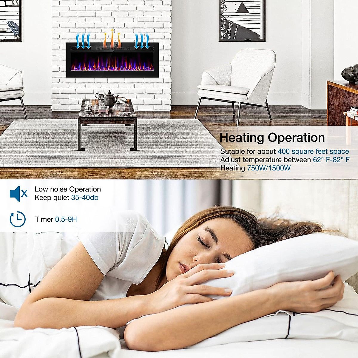 31 Inch Electric Fireplace Recessed and Wall Mounted, Fireplace Heater and Linear Fireplace, Ultra-Thin Electric Fireplace, Low Noise, with Timer, Remote Control, Adjustable 12 Flame Color, 750/1500W