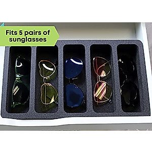 Polar Whale Sunglasses Drawer Organizer Tray Insert for Home Bedroom Bathroom Vanity Dresser Counter Table Waterproof Washable Black Foam 5 Compartment 8.25 x 15.5 Inches