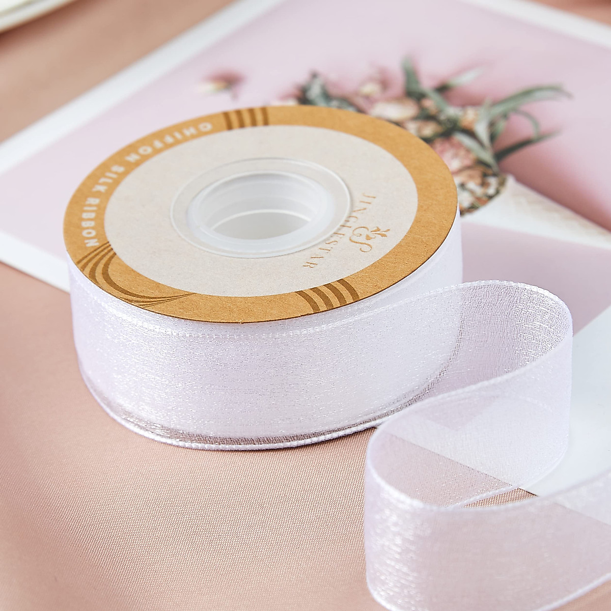 JINGLESTAR 1 Inch Wide Sheer Chiffon Ribbon - Pearl Silk Woven Ribbon Suitable for Gift Wrapping, Wedding Decor, Home Decor, Girl Hair Accessories Handmade DIY (25 Yards/roll) (White)