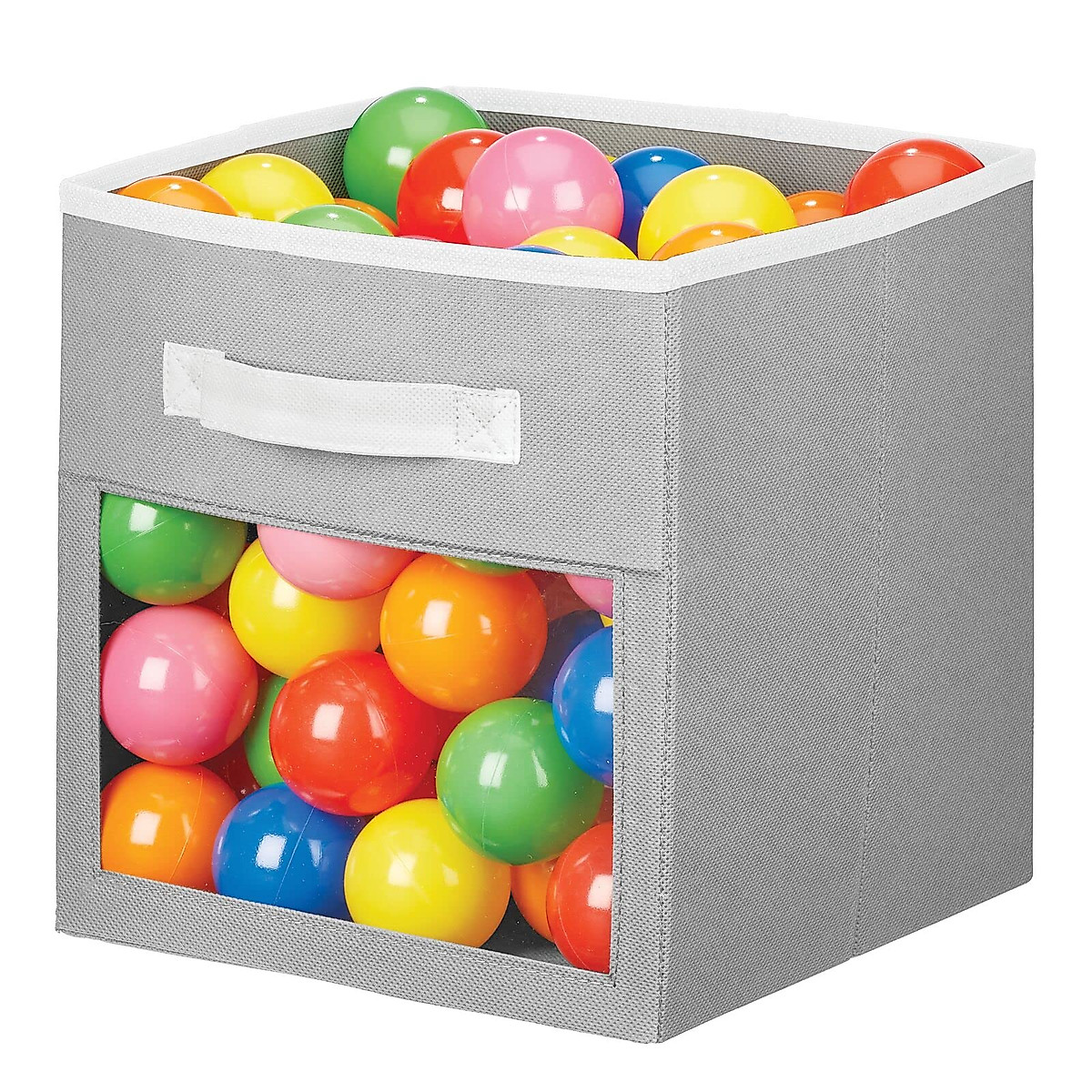 mDesign Fabric Nursery/Playroom Closet Storage Organizer Bin Box with Front Handle/Window for Cube Furniture Shelving Units, Hold Toys, Clothes, Diapers, Bibs, Jane Collection, 4 Pack - Gray/White