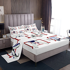 Ice Puck Game Sheets Set Ice Hockey Sports Player Bedding Set for Kids Bed Sheet Set Splash Ink Style Sheets with Deep Pocket Fitted Sheet Black Gaming Room Decor 4Pcs with 2 Pillow Case Full Size