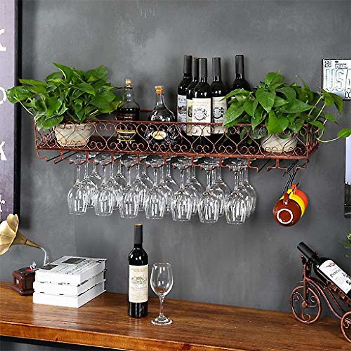 Wine Racks Metal Iron Wine Rack Upside Down Glass Holder Insert Glass Frame Hanging Wine Rack Shelf Creative Tall Cup Holder Glassware Rack (Size : L60*W25cm)