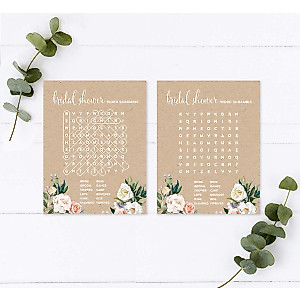 Andaz Press Peach Coral Kraft Brown Rustic Floral Garden Party Wedding Collection, Word Search Bridal Shower Game Cards, 20-Pack