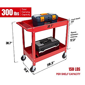 HPDMC 2-Tier Utility Cart 300lbs Capacity Heavy Duty Steel Service Cart with Wheels, Rolling Tool Cart on Wheels, Garage Tool Push Cart for Mechanic, Garage, Workshop, Warehouse, Office