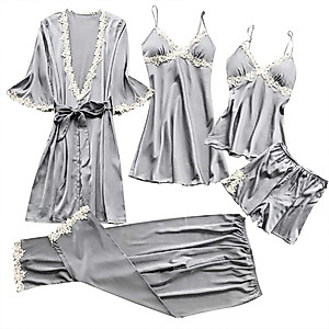 Aniywn Bridal Lingerie for Women Sexy Bride Underwear Sleepwear Lingerie Lace Women Nightwear Sexy 5PC Negligee Lingerie Grey