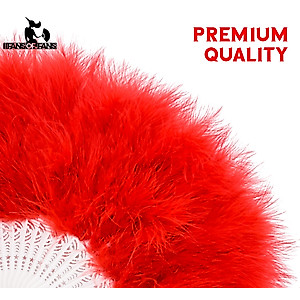 FANSOF.FANS Marabou Feather Hand Fan 45cm, Fancy Dress Wedding Party Favour Gift Outdoor Vintage Dance Photoshoot (Red)