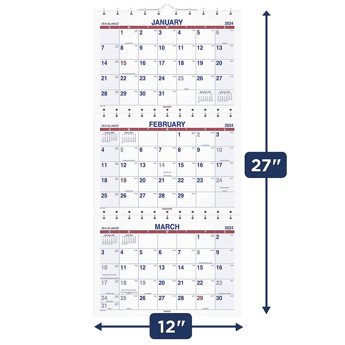 AT-A-GLANCE 2024 Wall Calendar, 12" x 26-1/2", Large, Three-Month, Move-A-Page (PMLF112824)