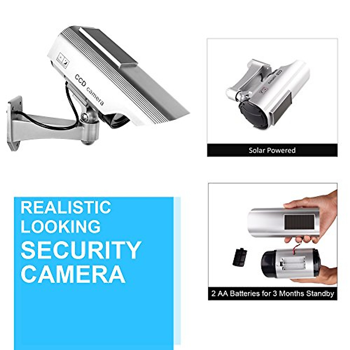 YSUCAU Solar Powered Bullet Dummy Fake Camera Surveillance Security CCTV Dome Camera with Flashing Red LED Light & Warning Security Alert Sticker Decals Outdoor/Indoor Use (1 Pack)