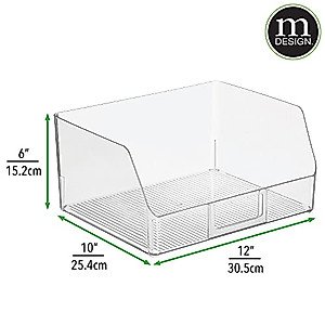 mDesign Wide Plastic Kitchen Food Storage Organizer Bin Basket with Open Front and Built-In Label Holder for Cabinets, Pantry - 12 Inch Width - Clear