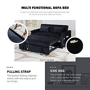 ECHINGLE 55.51" Convertible Sofa Bed, 3-in-1 Sleeper Sofa with Pullout Bed, Velvet Sofa cama with Adjustable Backrest and Side Pocket & 2 Pillows, Modern Futon Couch for Living Room, Bedroom（Black）