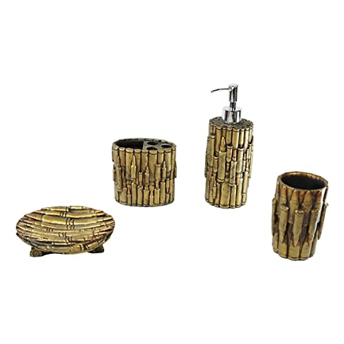Ebros Gift Rustic Western Military Style Spherical Rifle Ammo Rounds Shells Gold Tone Bullets Bathroom Accessory (Liquid Soap Pump Dispenser, Tumbler Cup, Soap Dish and Toothbrush Holder Set of 4)