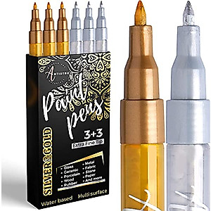Metallic Acrylic Paint Pens for Rock Painting, Stone, Ceramic, Glass, Wood, Fabric, Canvas, Metal, Scrapbooking (6 Pack) Set of 3 Gold & 3 Silver Acrylic Paint Markers Water-Based Extra-Fine Tip 0.7mm