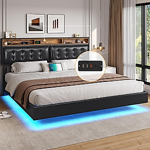 DICTAC Floating King Bed Frame with Led Lights and Storage Headboard King Size LED Bed with Charging Ports Visual Floating Platform Bed with Wood Slats,Faux Leather,No Box Spring Needed,Black