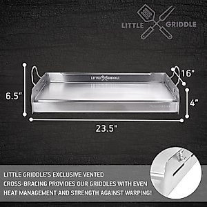 LITTLE GRIDDLE griddle-Q GQ230 100% Stainless Steel Professional Quality Griddle with Even Heat Cross Bracing and Removable Handles for Charcoal/Gas Grills, Camping, Tailgating, and Parties (25"x16"x6.5")