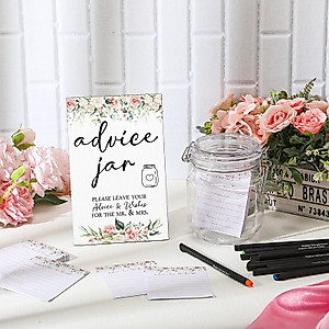 Sintuff 114 Pieces Floral Theme Bridal Shower Party Decor for Guest Include Advice and Wishes for The Mr and Mrs Wedding Advice Sign with Holder 100 Advice and Wishes Cards 12 Pens 1 Pet Jar