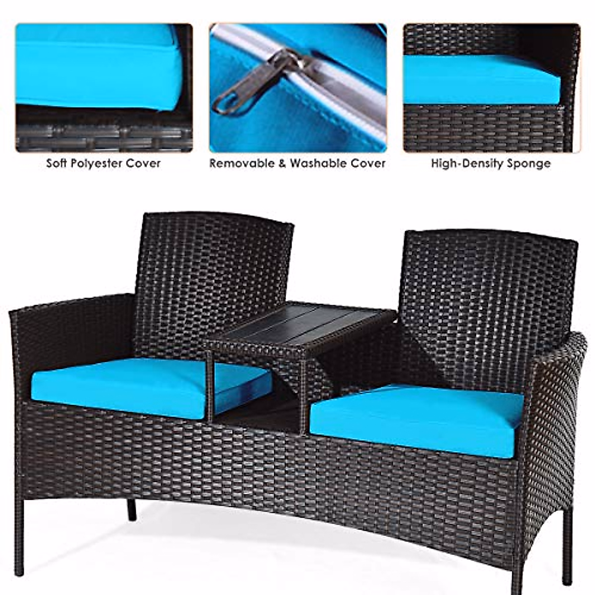 Tangkula Outdoor Rattan Loveseat, Patio Conversation Set with Cushions & Table, Modern Patio Furniture Set Wicker Sofa Set with Built-in Coffee Table, Rattan Sofas for Garden Lawn Backyard
