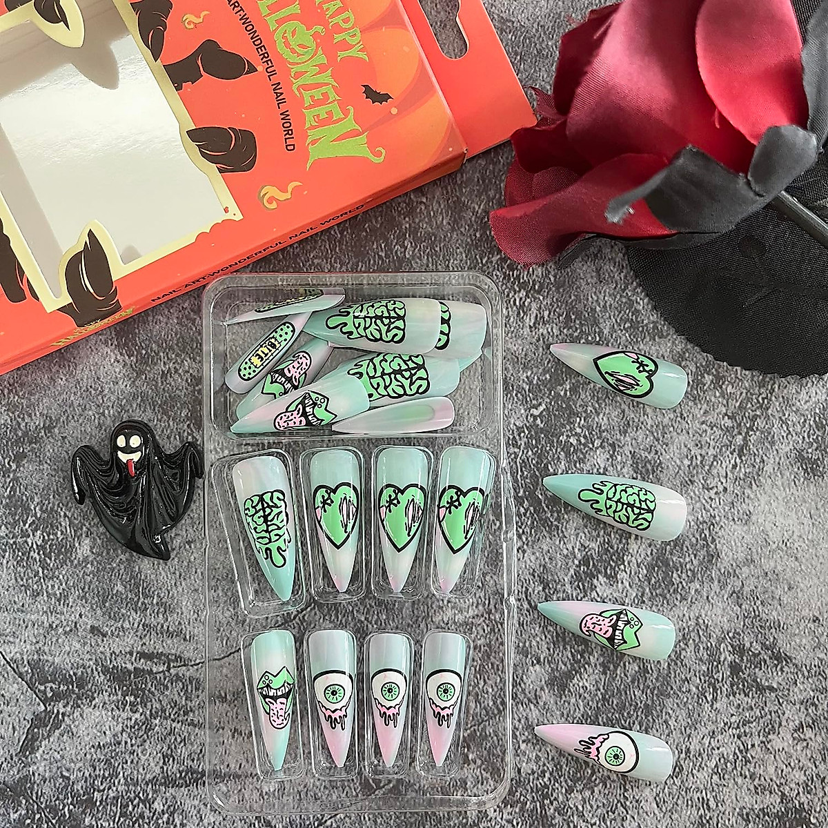 Halloween Stiletto Press on Nails Medium，Green Fake Nails Gradient False Nails with Eyeball Love Wound Lips Tongue Brain Styptic Halloween Designs Acrylic Nails Glossy Artificial Nails for Women 24Pcs