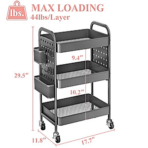 3 Tier Rolling Utility Cart - Metal White Cart Organizer with Wheels, Book Cart with DIY Dual Pegboards, Removable Baskets Hooks