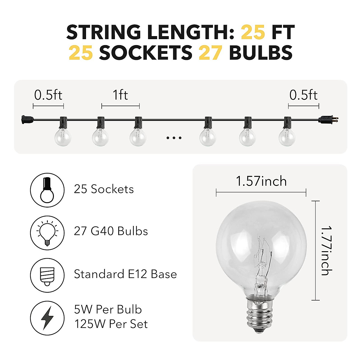 HBN 25ft Outdoor String Lights-Outdoor Incandescent String Lights, 27 G40 Bulbs (2 Spare) 5W 2200K Warm White, Connectable & Dimmable, IP44 Waterproof-Garden/Backyard/Patio/Porch/Courtyard/Café